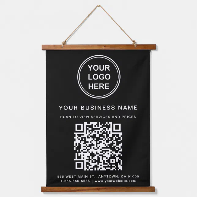 Business Logo and QR Code Black Hanging Tapestry | Zazzle