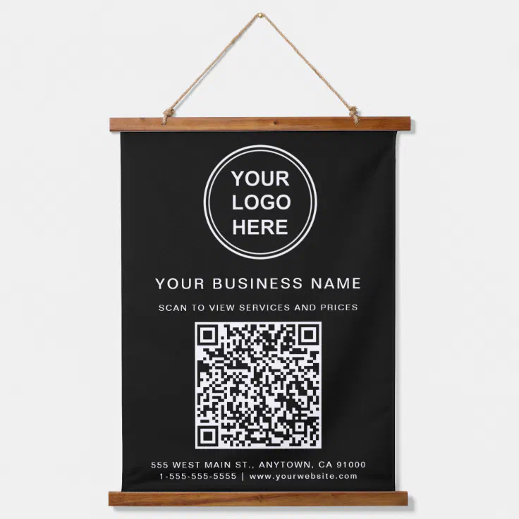 Business Logo and QR Code Black Hanging Tapestry | Zazzle