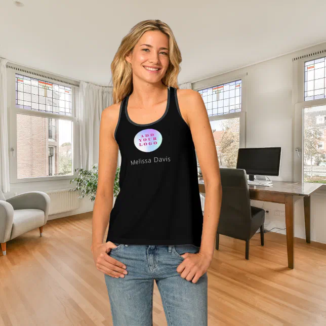 Business logo black employee workwear name tank top | Zazzle