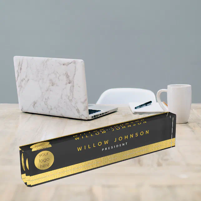 Business Logo Black Gold Classy Executive Gift Desk Name Plate | Zazzle