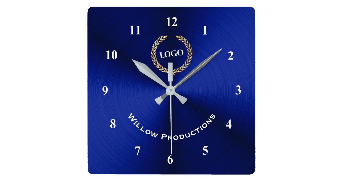 Business Logo Blue Square Wall Clock | Zazzle