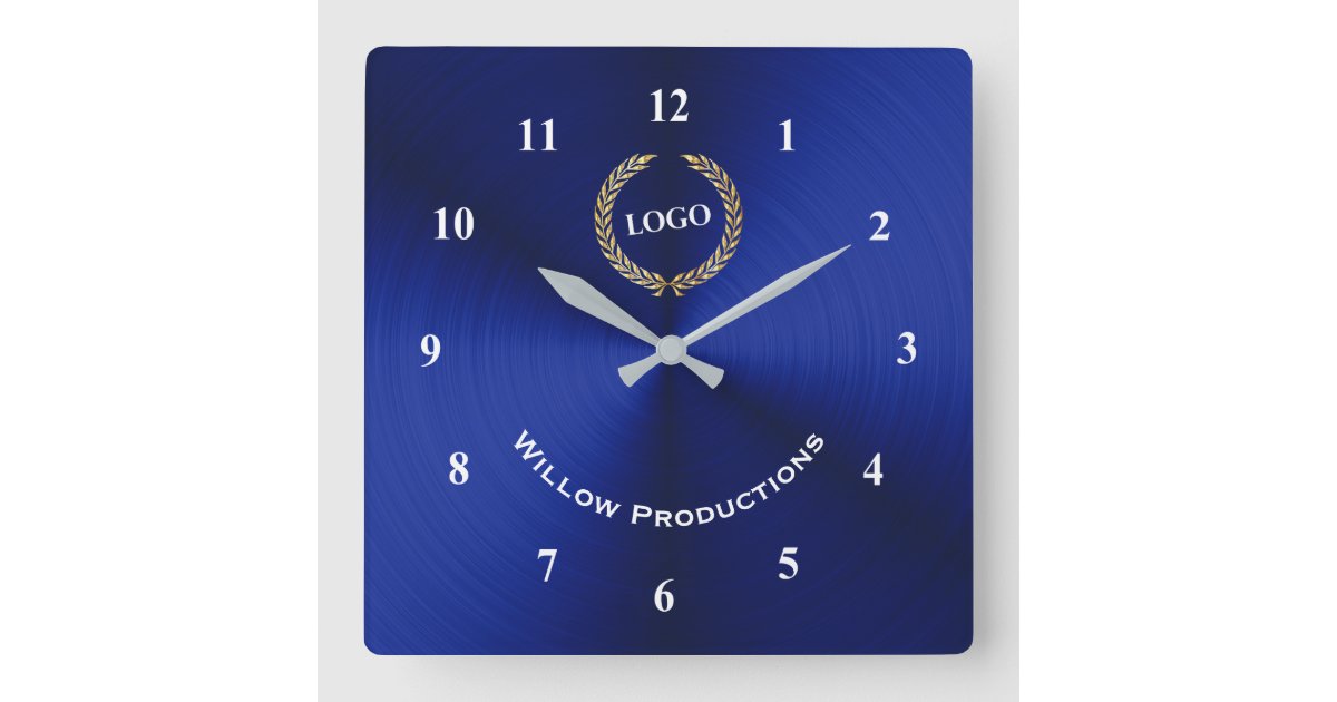 Business Logo Blue Square Wall Clock | Zazzle