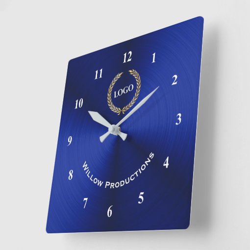 Business Logo Blue Square Wall Clock | Zazzle