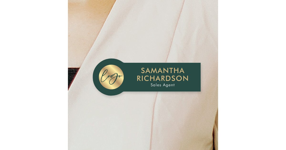 Business Logo Chic Green & Gold Employee Corporate Name Tag | Zazzle