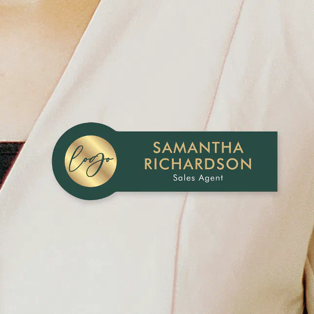 Business Logo Chic Green & Gold Employee Corporate Name Tag | Zazzle