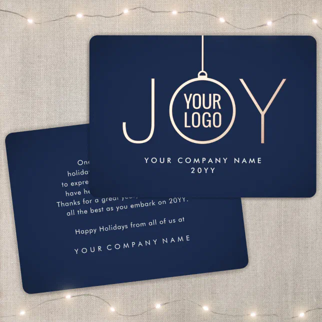 Business Logo Christmas Ornament Navy Blue Joy Foil Holiday Card | Zazzle