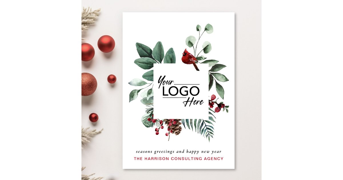 Business Logo Christmas Red Cardinal Holiday Card | Zazzle