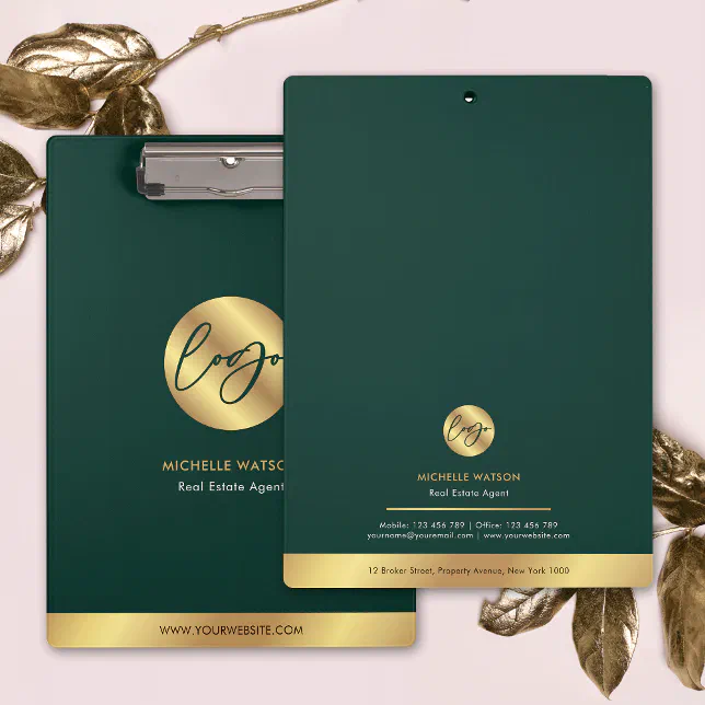 Business Logo Emerald Green & Gold Promotional Clipboard | Zazzle
