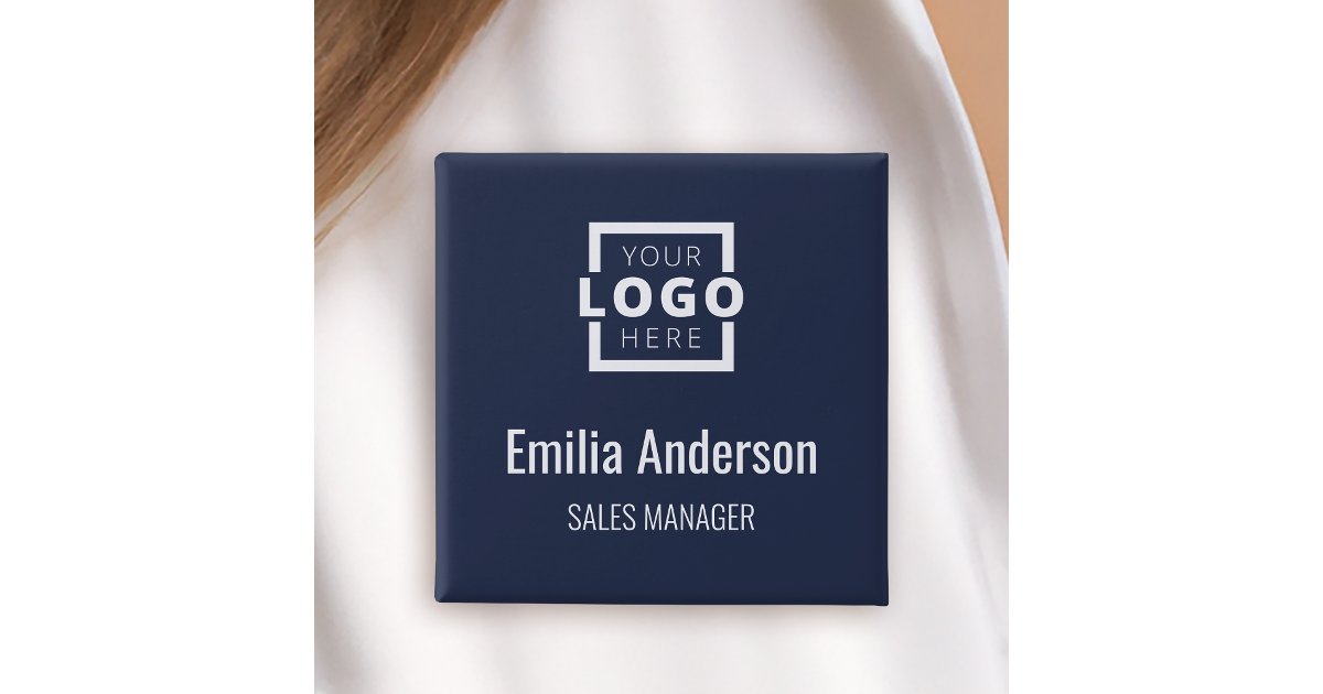 Business Logo Employee Staff Name Badge Blue Button | Zazzle