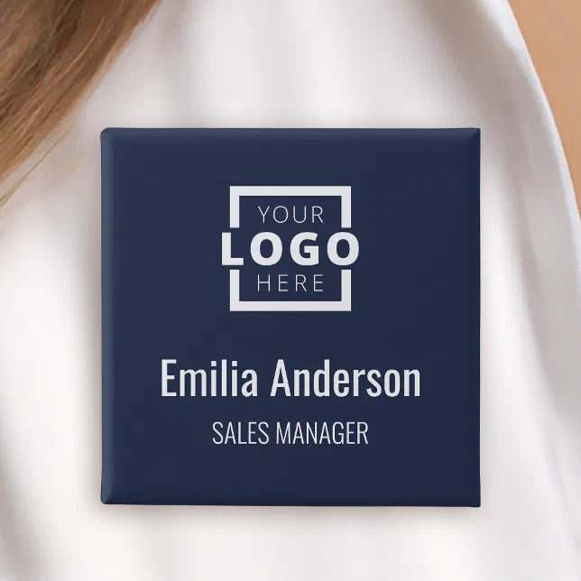 Business Logo Employee Staff Name Badge Blue Button | Zazzle