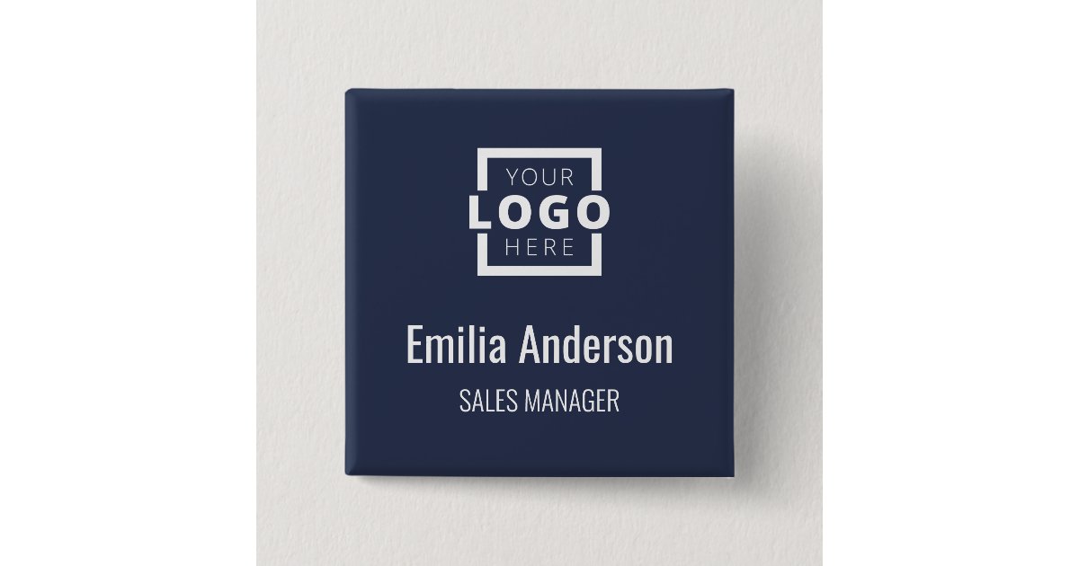Business Logo Employee Staff Name Badge Blue Button | Zazzle
