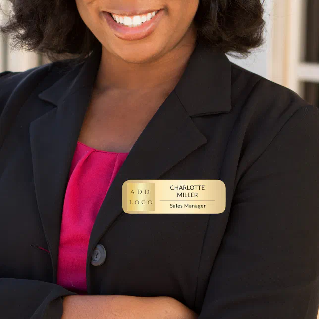 Business logo gold employee modern name tag | Zazzle