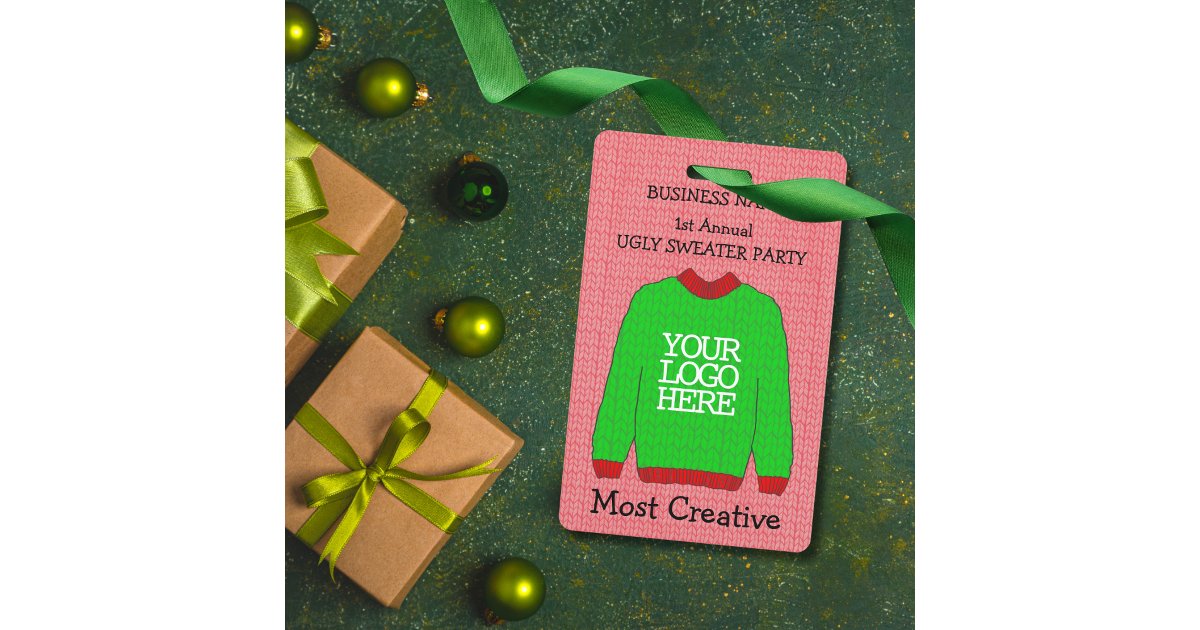 Business Logo Green Ugly Sweater Winner Badge | Zazzle