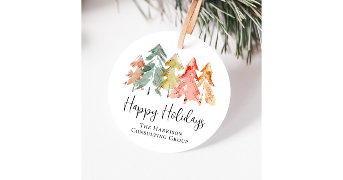 Business Logo Happy Holidays Watercolor Corporate Favor Tags | Zazzle