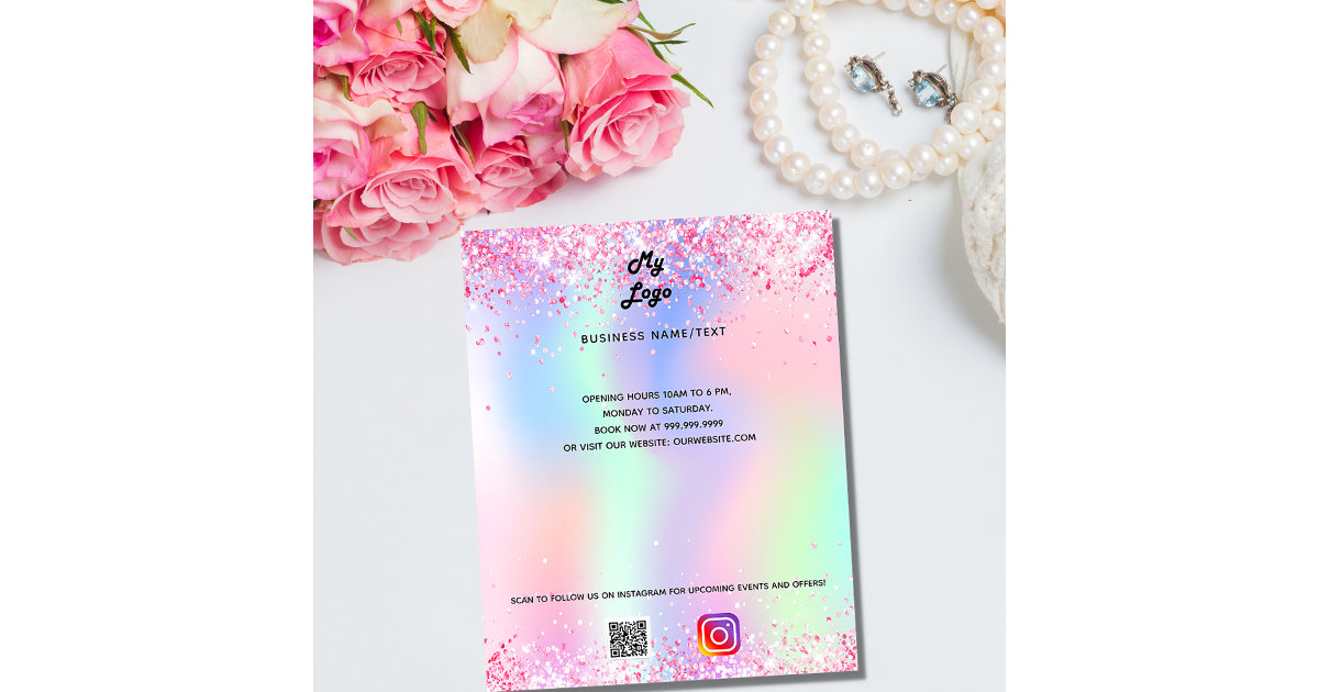 Business logo holographic qr code instagram text flyer | Zazzle