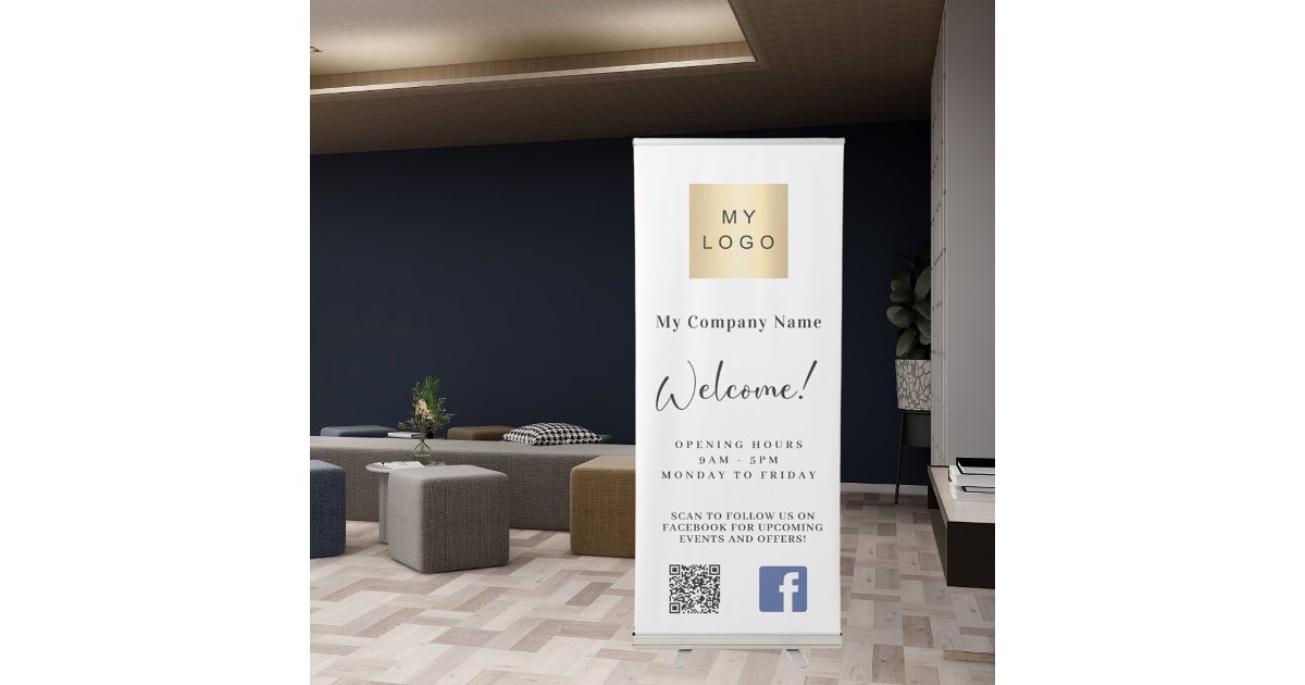 Business logo hours QR code Facebook brand color Retractable Banner ...