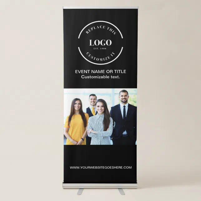 Business Logo Minimalist Custom Photo Black Retractable Banner | Zazzle