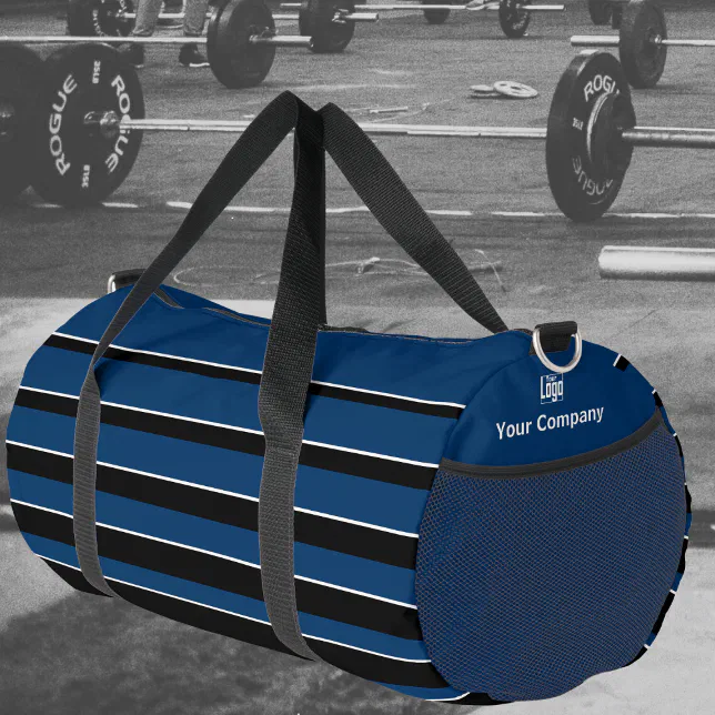 Business Logo Name Striped Blue White Black Duffle Bag | Zazzle