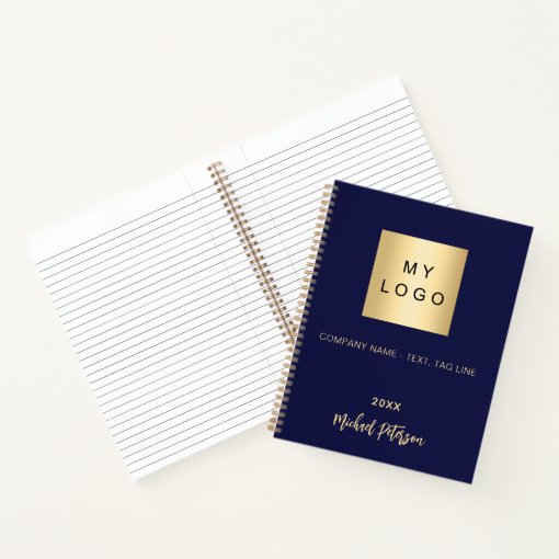 Business logo navy blue gold elegant monogram notebook | Zazzle