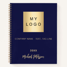 Business logo navy blue gold elegant monogram notebook | Zazzle