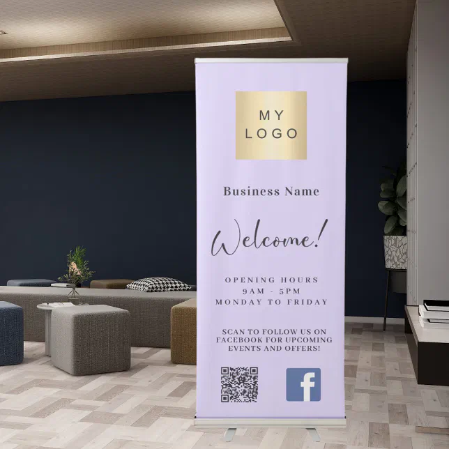 Business logo opening hours QR Facebook lavender Retractable Banner ...