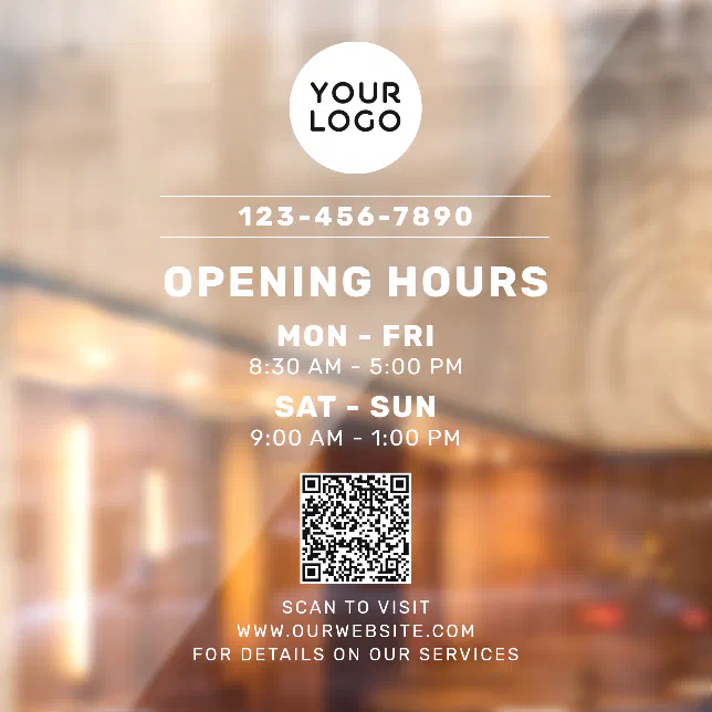 Business Logo & Opening Hours With Website QR Code Window Cling | Zazzle