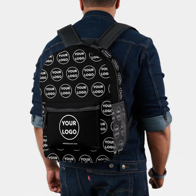 Business Logo Pattern Custom Text on Black Printed Backpack | Zazzle