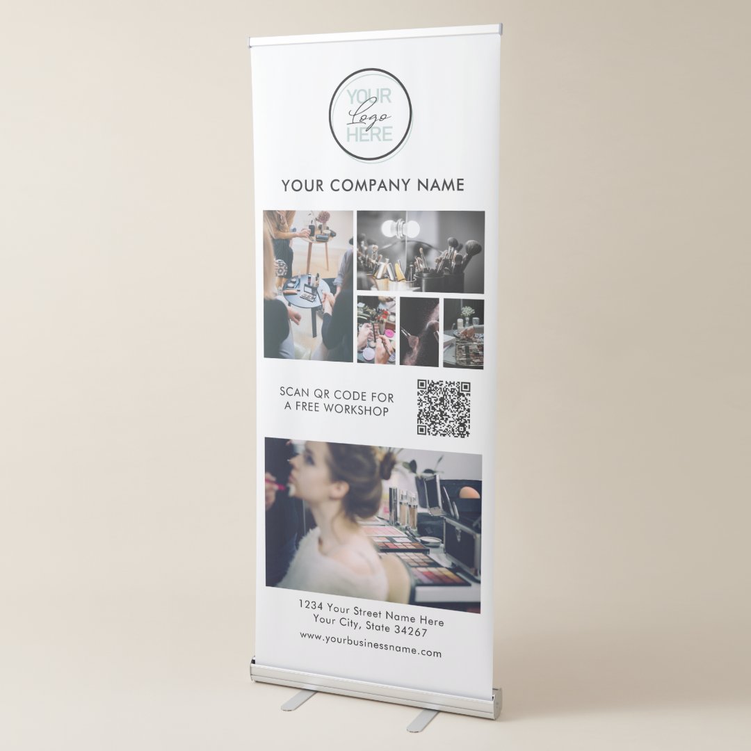 Business Logo Photo Collage QR Code Retractable Banner | Zazzle