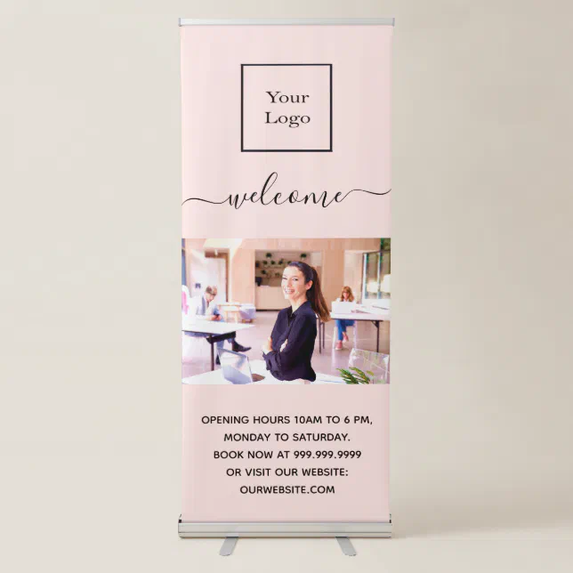Business logo photo welcome blush rose gold retractable banner | Zazzle