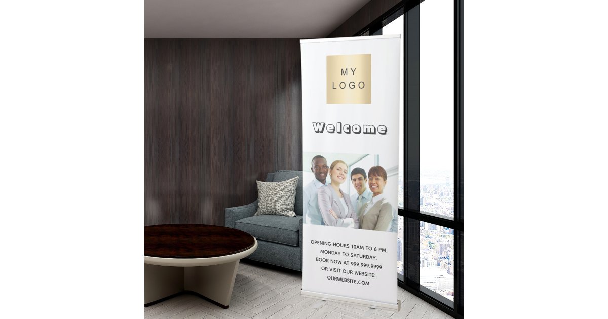 Business logo photo welcome brand color retractable banner | Zazzle
