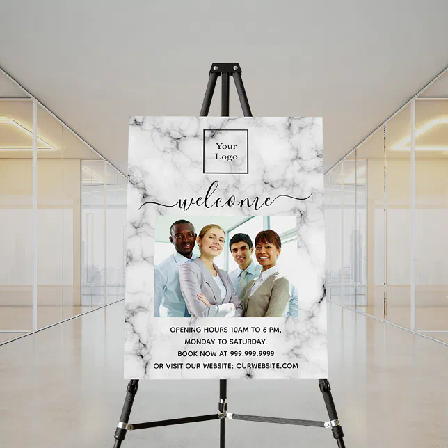 Business logo photo welcome marble white foam board | Zazzle