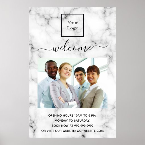 Business logo photo welcome marble white poster | Zazzle