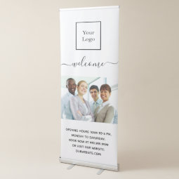 Business logo photo welcome opening hours retractable banner | Zazzle