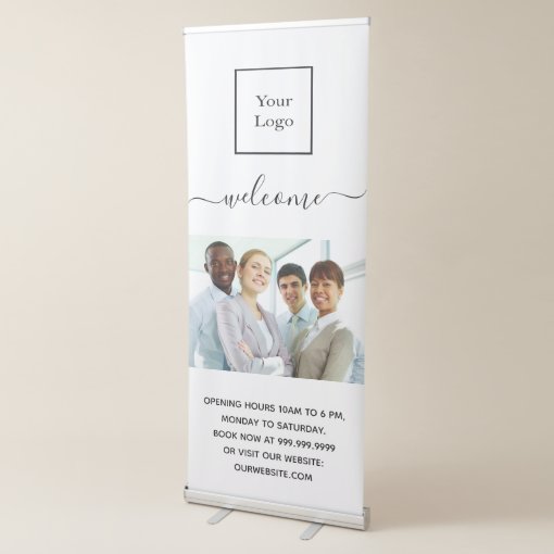 Business logo photo welcome opening hours retractable banner | Zazzle