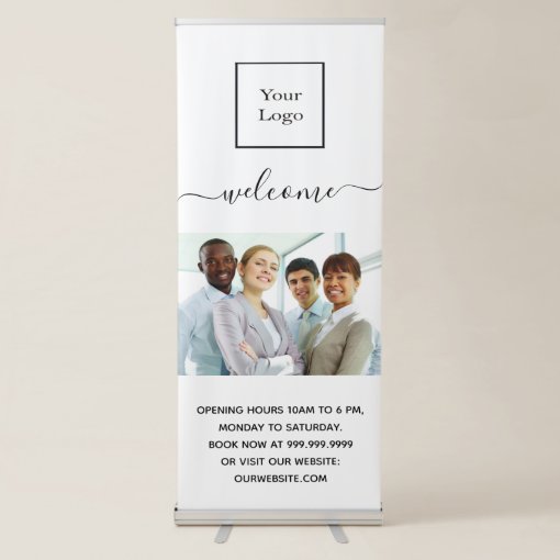 Business logo photo welcome opening hours retractable banner | Zazzle