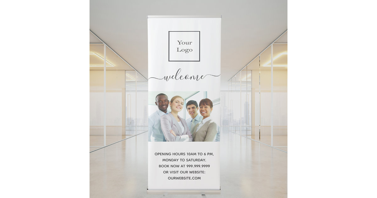 Business logo photo welcome opening hours retractable banner | Zazzle