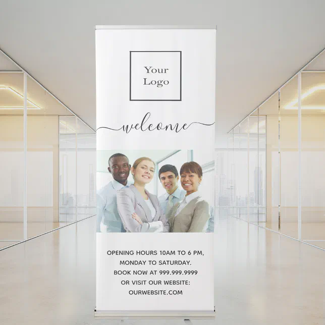 Business logo photo welcome opening hours retractable banner | Zazzle