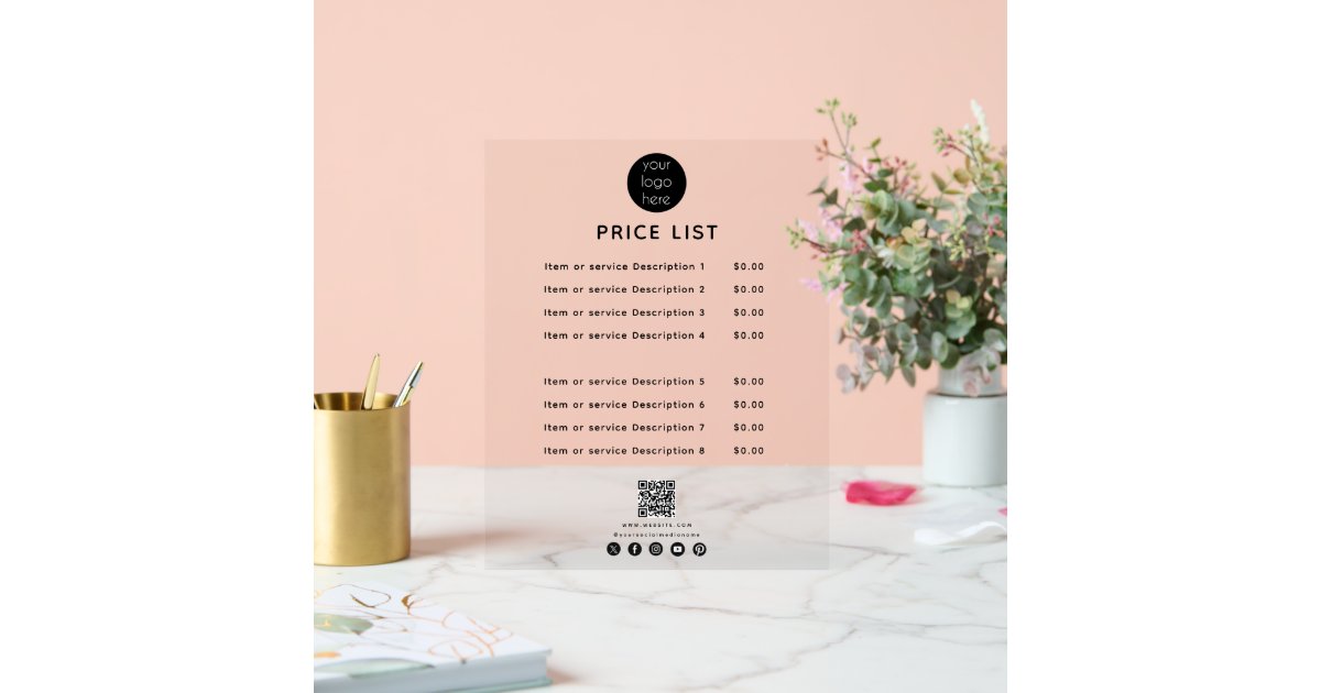 Business Logo Price List QR Code Social Media Acrylic Sign | Zazzle