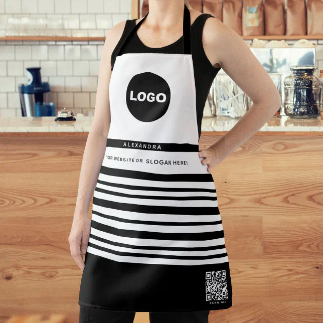 Business Logo QR Black White Stripes Employee Name Apron | Zazzle