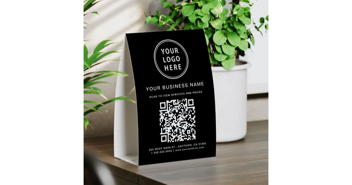 Business Logo QR Code Black Paper Table Tent | Zazzle