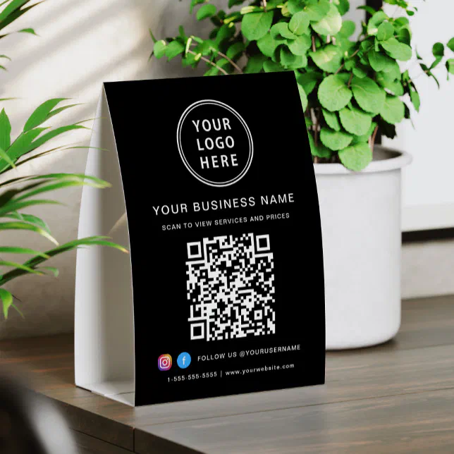 Business Logo QR Code Black Paper Table Tent | Zazzle