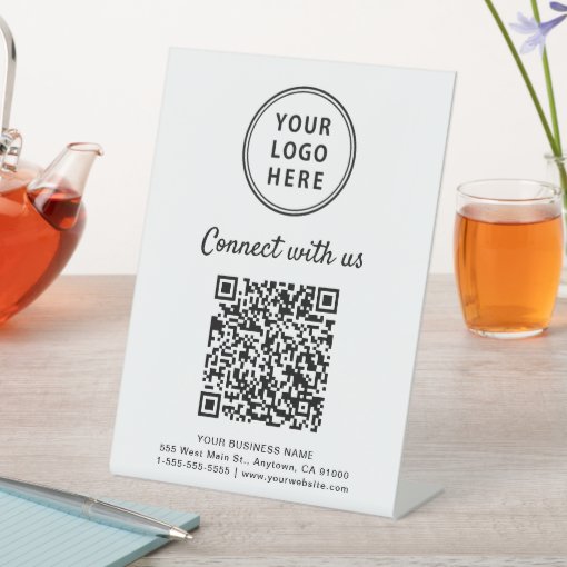 Business Logo QR Code Connect With Us Tabletop Pedestal Sign | Zazzle
