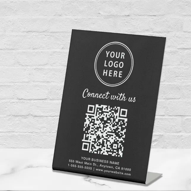 Business Logo QR Code Connect With Us Tabletop Pedestal Sign | Zazzle