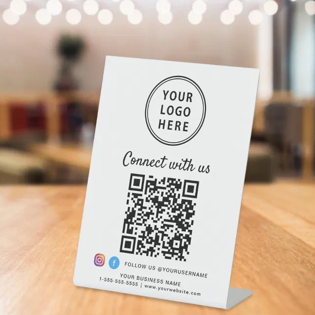 Business Logo QR Code Connect With Us Tabletop Pedestal Sign | Zazzle