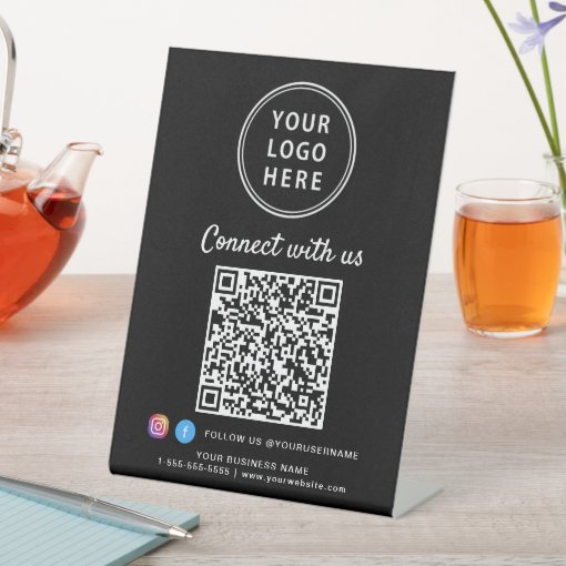 Business Logo QR Code Connect With Us Tabletop Pedestal Sign | Zazzle
