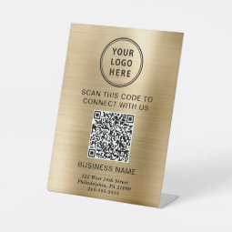 Business Logo QR Code Gold Pedestal Sign | Zazzle