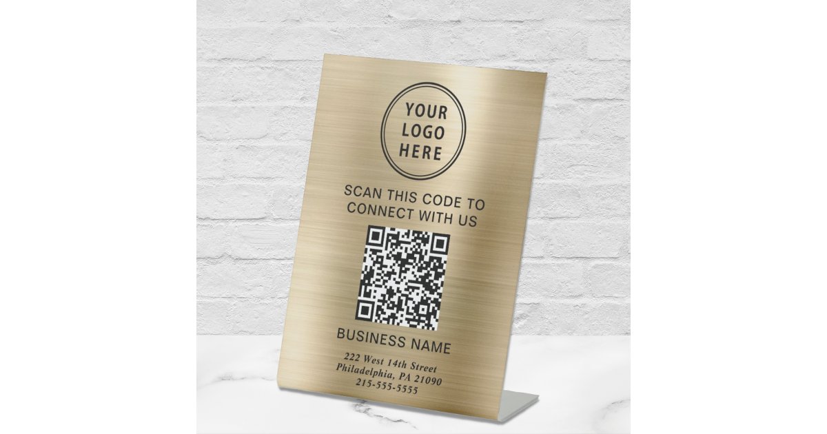 Business Logo QR Code Gold Pedestal Sign | Zazzle