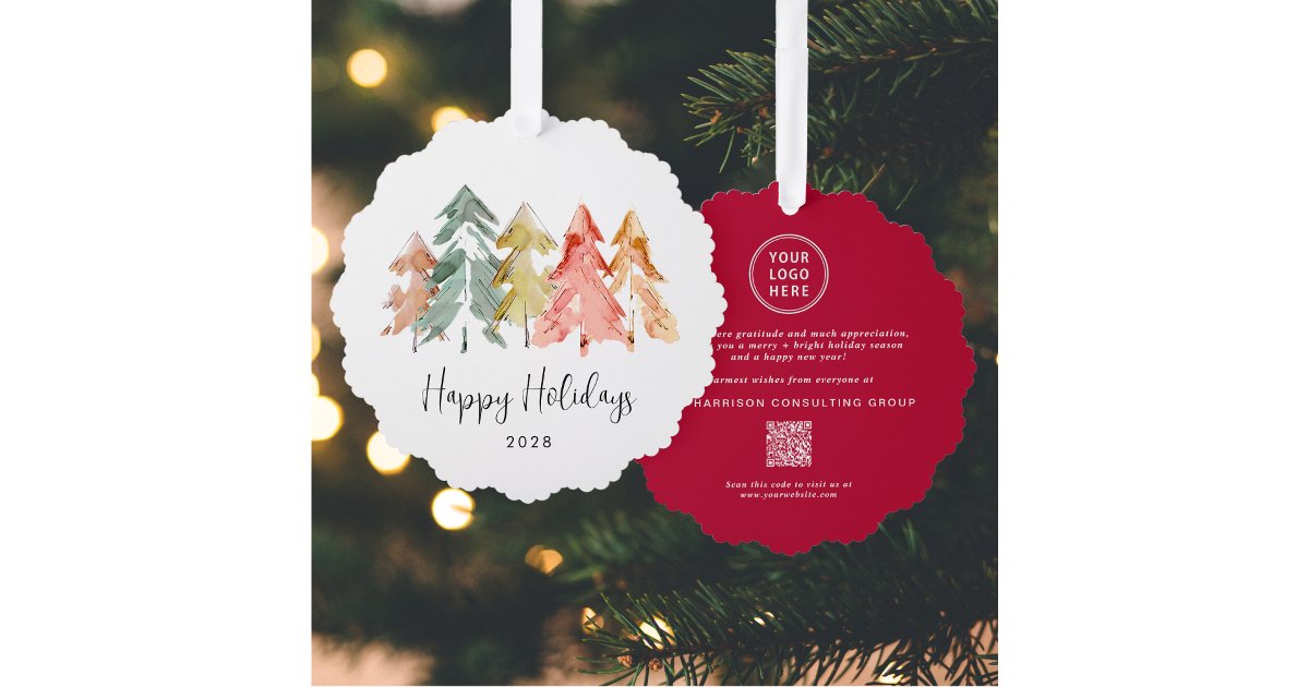 Business Logo QR Code Happy Holidays Christmas Ornament Card | Zazzle