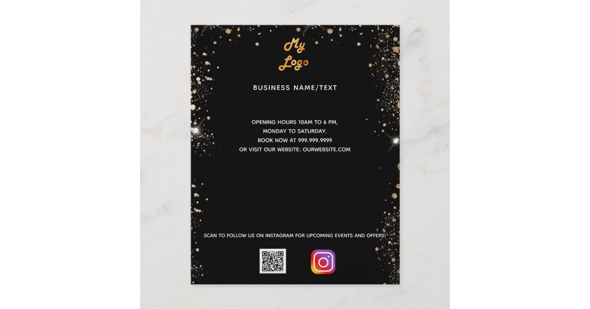 Business logo qr code instagram black gold flyer | Zazzle.com