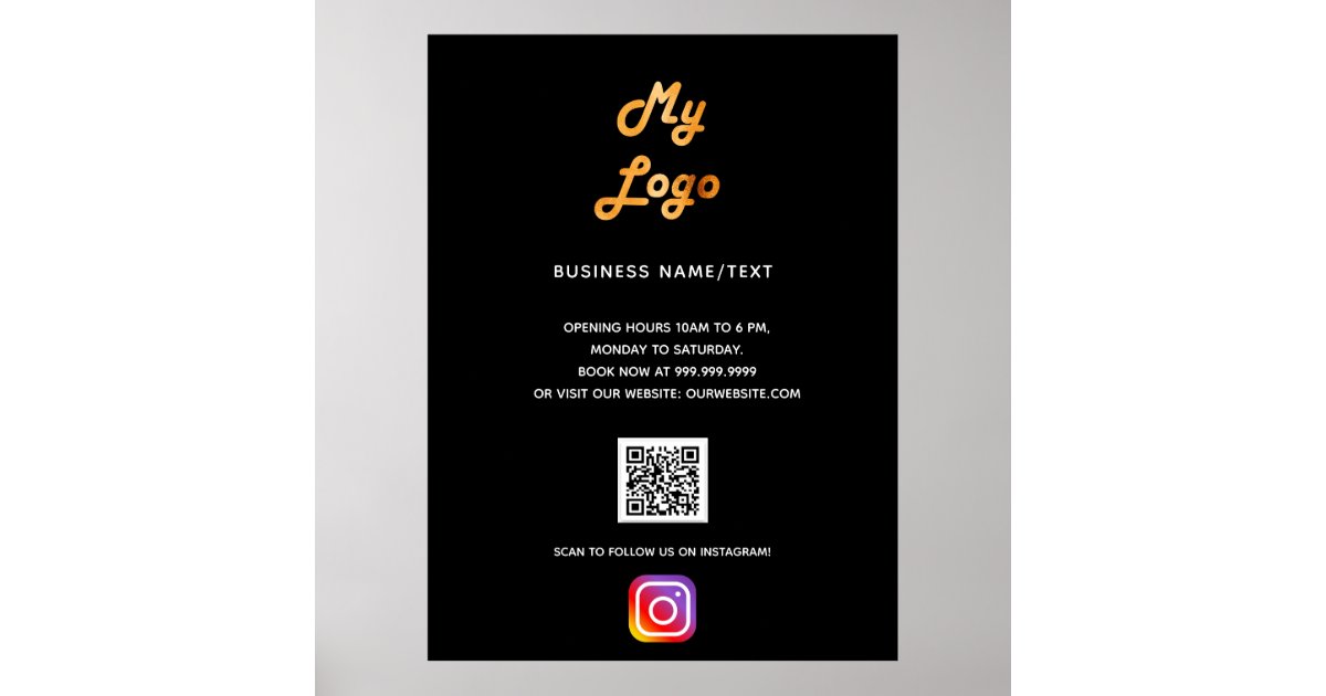 Business logo qr code instagram black poster | Zazzle